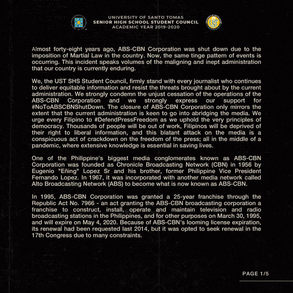 READ: UST SHS student council condemns ABS-CBN shutdown | ABS-CBN News READ: UST SHS student council condemns ABS-CBN shutdown | ABS-CBN News