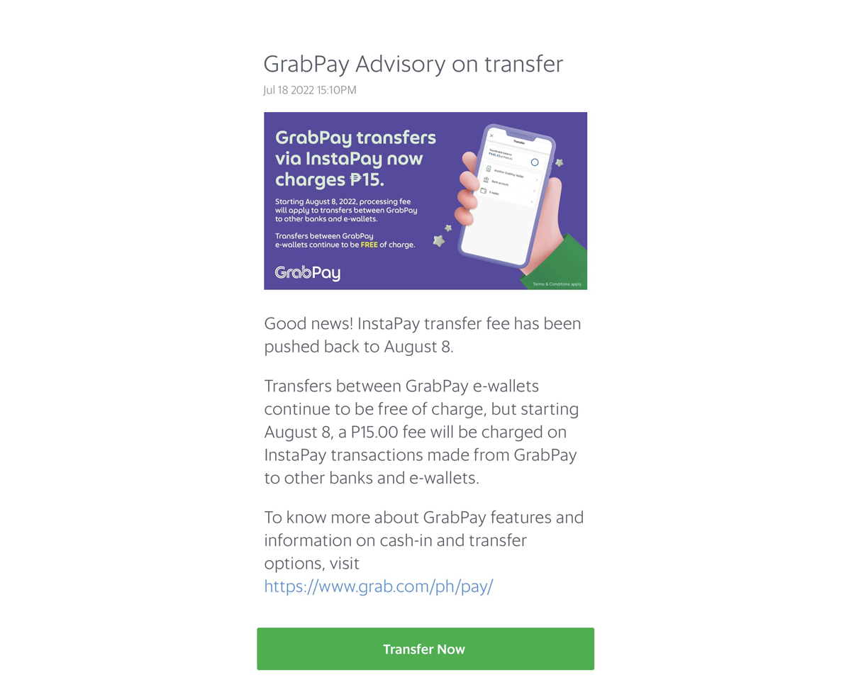 GrabPay Delays P15 InstaPay Transfer Fees To Aug 18 ABS CBN News GrabPay Delays P15 InstaPay Transfer Fees To Aug 18 ABS CBN News
